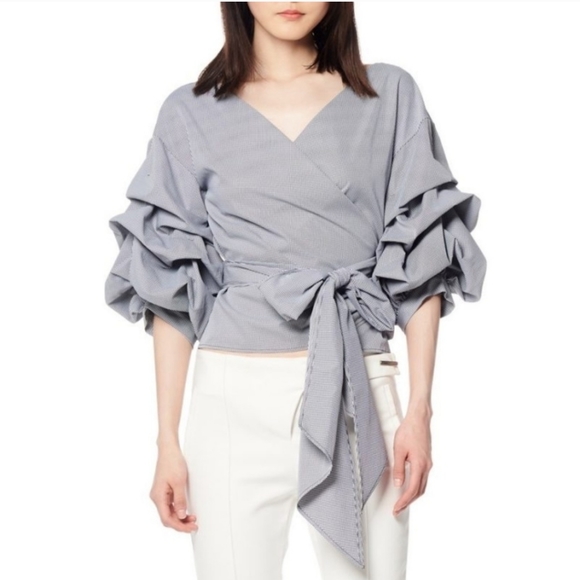 Gracia | Tops | Gracia Gathered Puff Sleeves Tie Waist Wrap Blouse ...